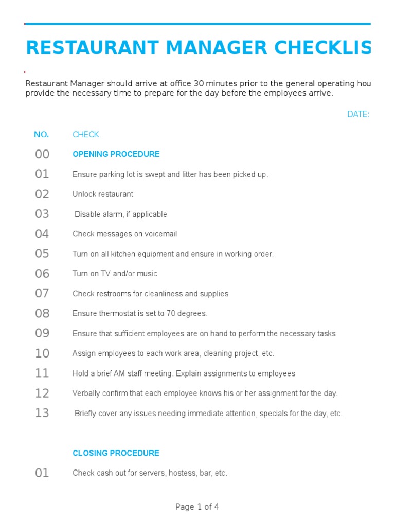 Restaurant MANAGER Checklist | PDF | Restaurants | Restaurant And Catering