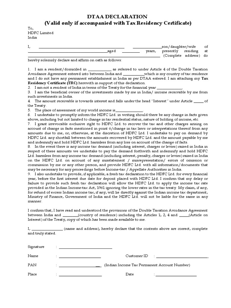 DTAA Declaration NRI With Tax Residency Certificate | PDF | Double Taxation | Taxation