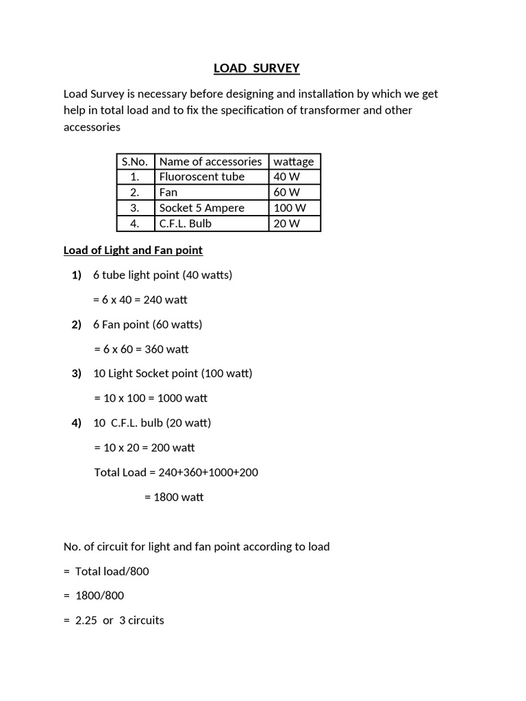 Load Survey: Load of Light and Fan Point 1) 6 Tube Light Point (40 ...