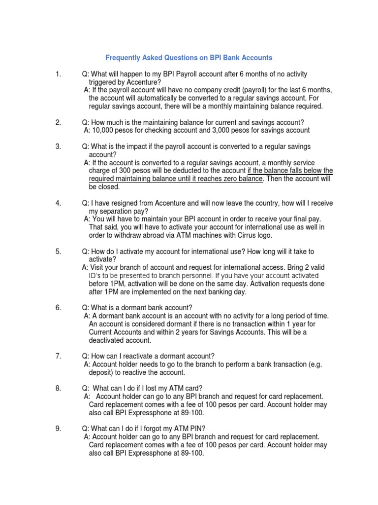 Frequently Asked Questions On BPI Bank Accounts | Download Free PDF ...