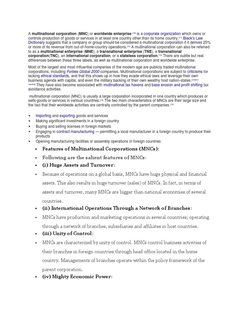 Features of Multinational Corporations (MNCS) | PDF | Multinational ...
