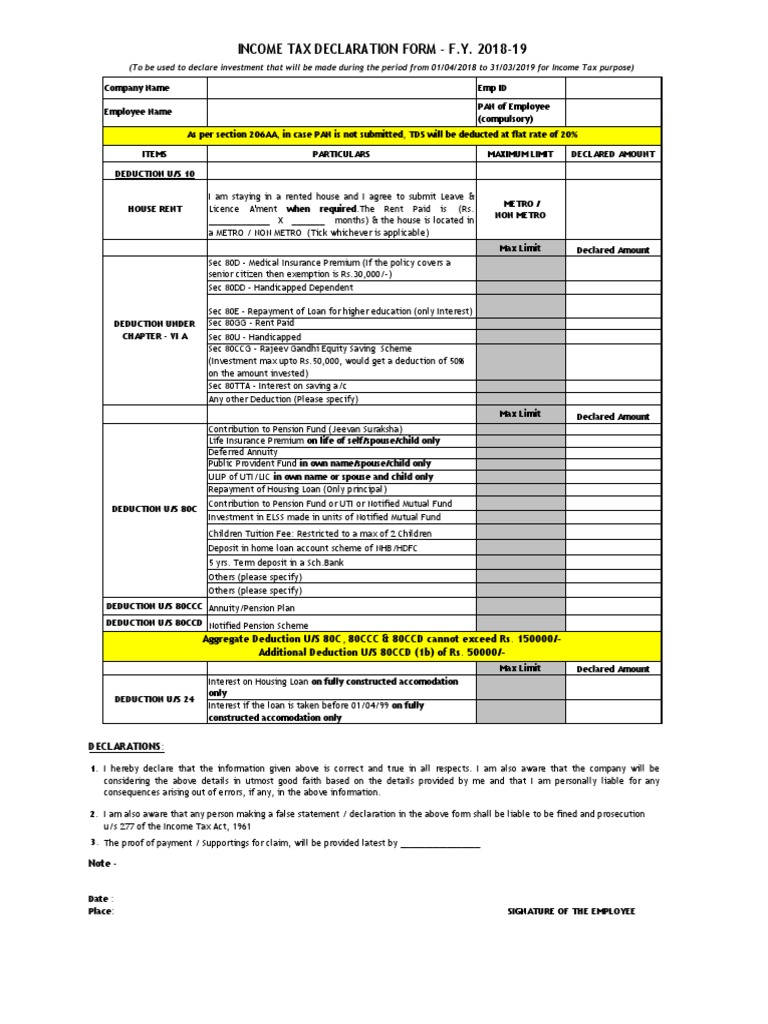 Employee Tax Declaration - AY 2019-20 | PDF | Loans | Pension