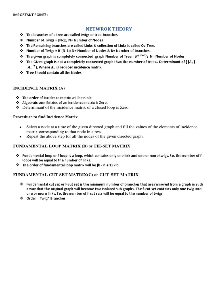 Netwrok Theory: Incidence Matrix (A) | PDF