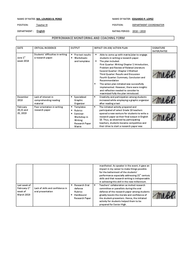 Sample Performance Monitoring and Coaching Form | Download Free PDF ...