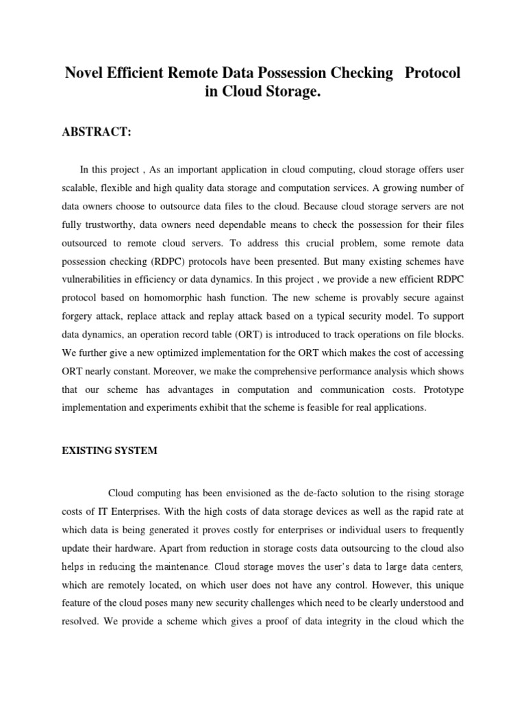 Novel Efficient Remote Data Possession Checking Protocol in Cloud Storage | PDF | Cloud ...
