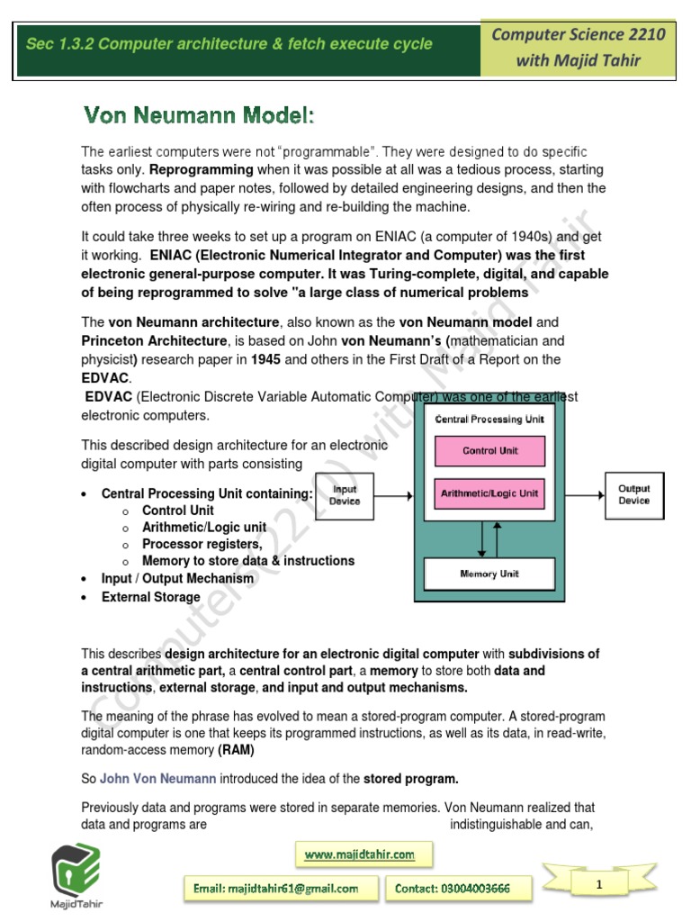 Sec 1.3.2 Computer Architecture & Fetch Execute Cycle: Computer Science 2210 With Majid Tahir ...