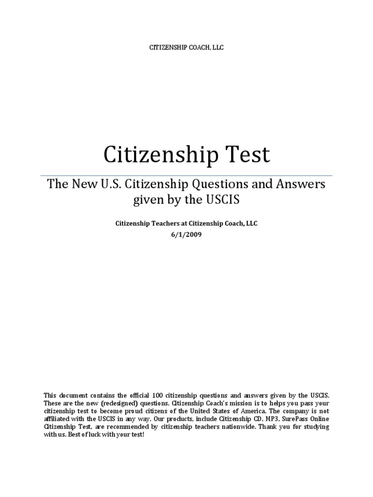 Citizenship Test | PDF | Citizenship Of The United States | United ...