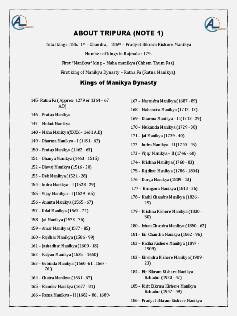 About Tripura (Note 1) : Kings of Manikya Dynasty | PDF