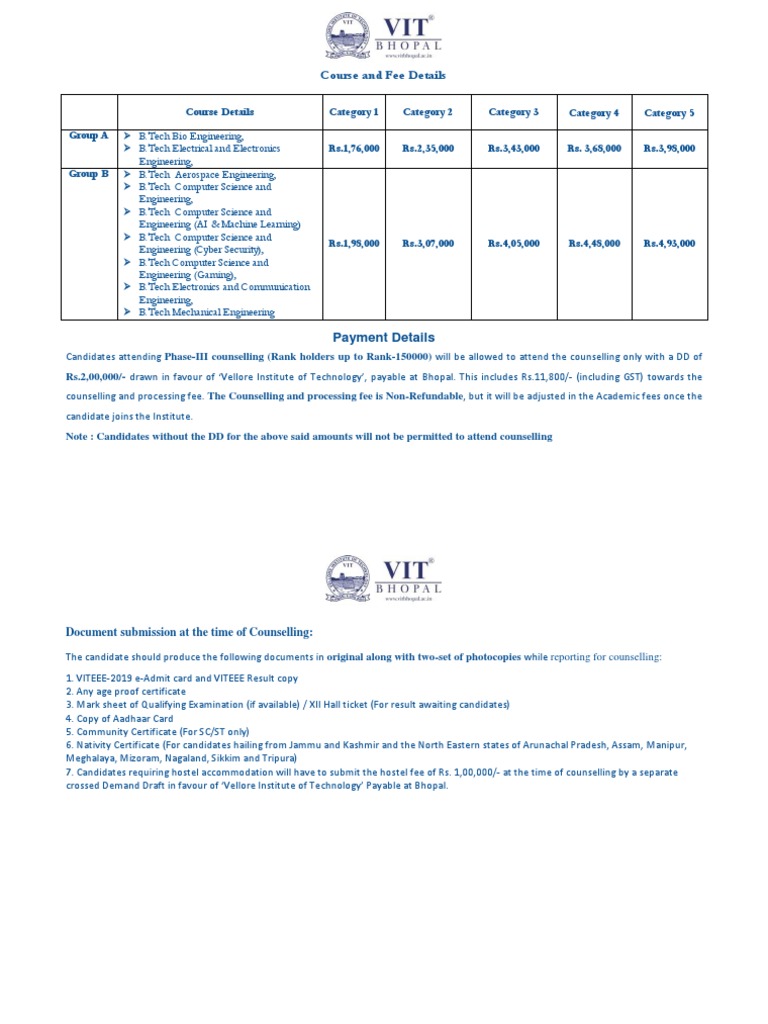 VIT Bhopal Course and Fee Details 2019 20 | PDF | Engineering | Intellectual Works