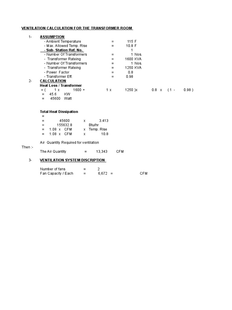 Ventilation Calculation For The Transformer Room Assumption | PDF | Ventilation (Architecture ...