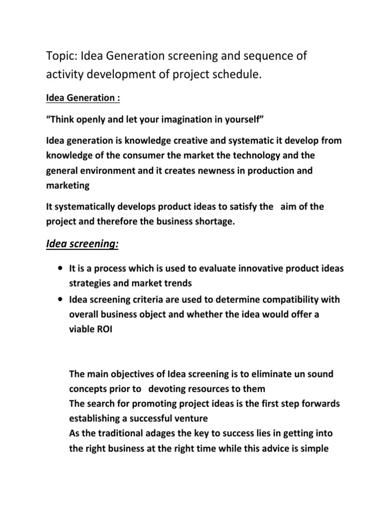 Topic: Idea Generation Screening and Sequence of Activity Development ...