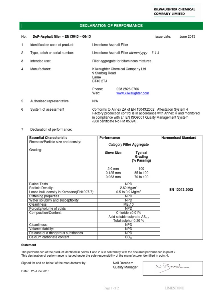Declaration of Performance En13043 Limestone Asphalt Filler | PDF ...