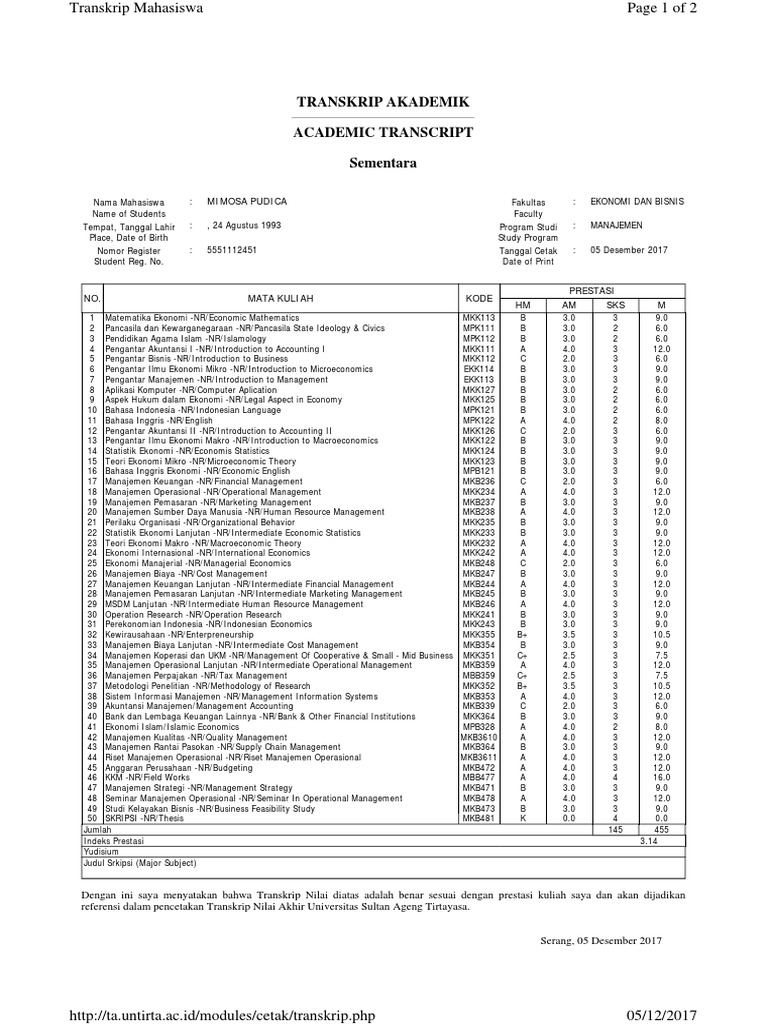 Transkrip Akademik Academic Transcript Sementara: Mimosa Pudica | PDF | Economics | Economies