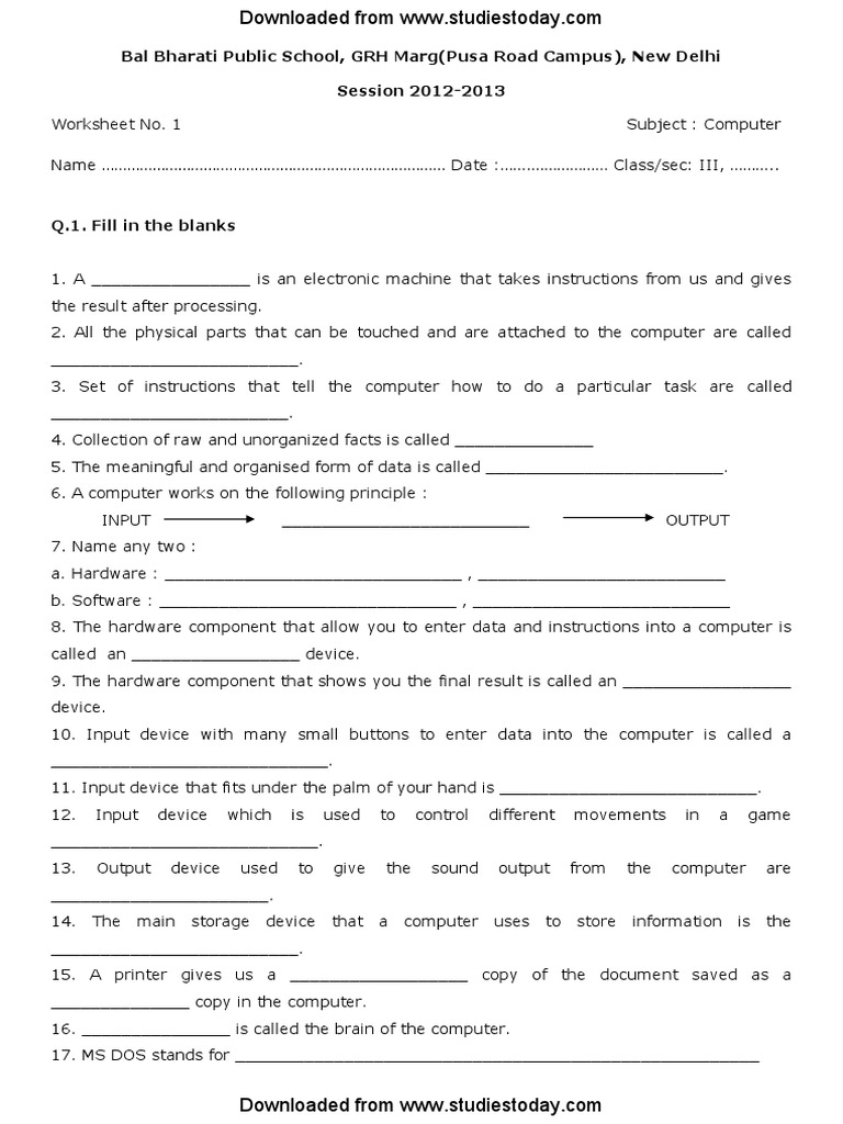 CBSE Class 3 Computer Practice Worksheet 3 | PDF | Input/Output ...