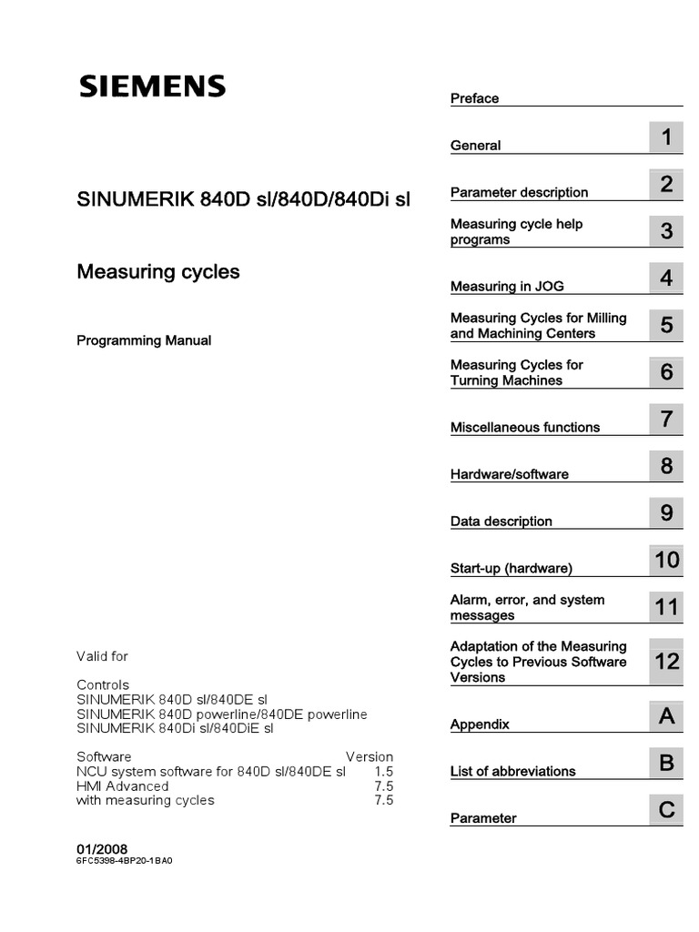 SINUMERIK 840D sl/840D/840Di SL Measuring Cycles | PDF | Machining | Parameter (Computer ...