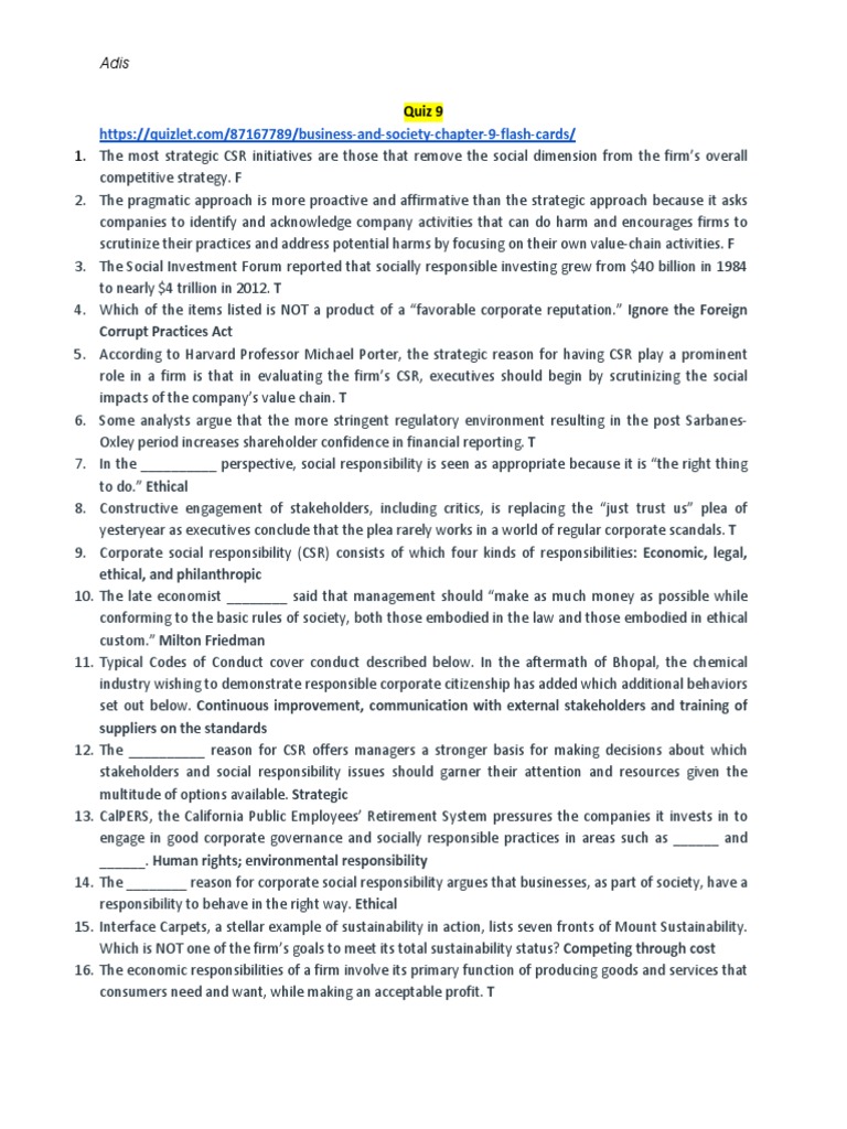 Quiz Compilation - Managing Ethics & CSR | PDF | Corporate Social ...