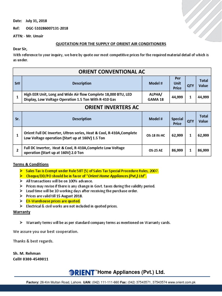 Orient Quotation 31.07.2018 PDF | PDF | Air Conditioning | Electric Power