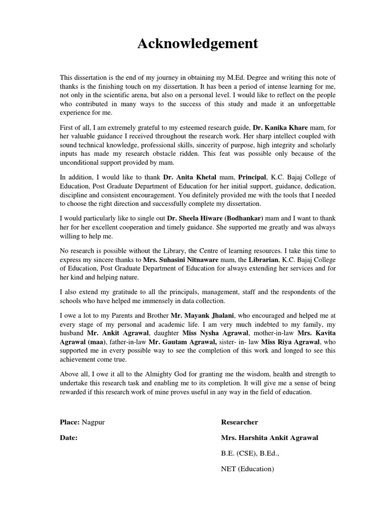 Acknowledgement: Place: Nagpur Researcher Date: Mrs. Harshita Ankit Agrawal | PDF | Behavior ...