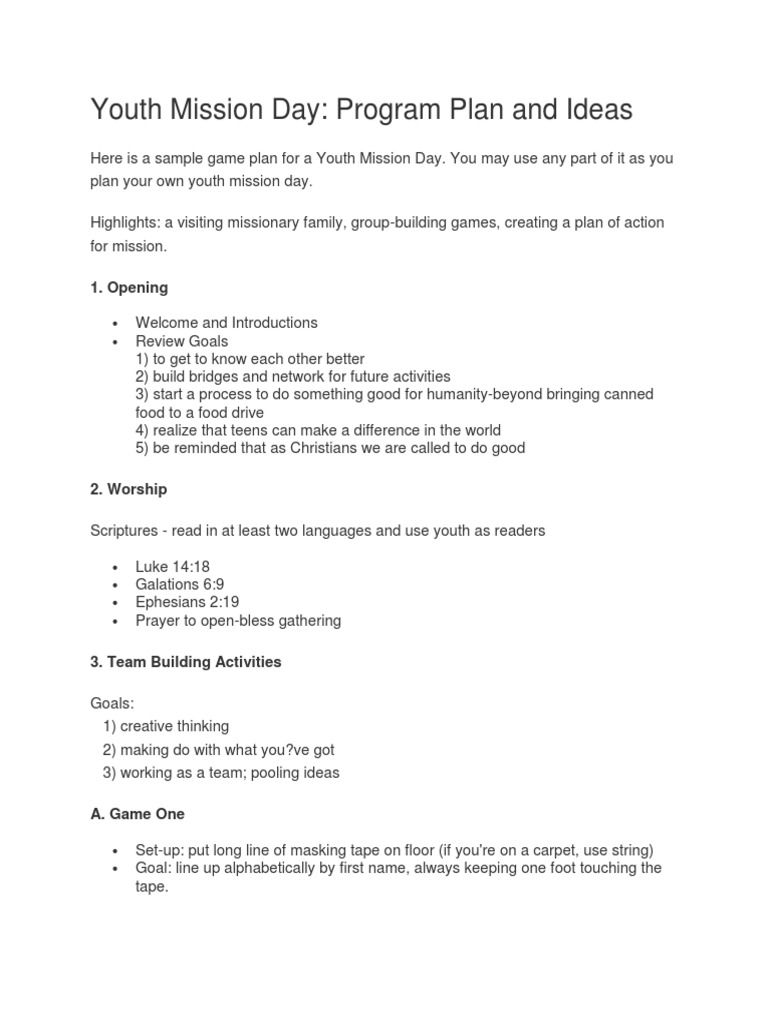 Youth Mission Day Program Outline | PDF | Pilgrimage | Missionary (Lds ...