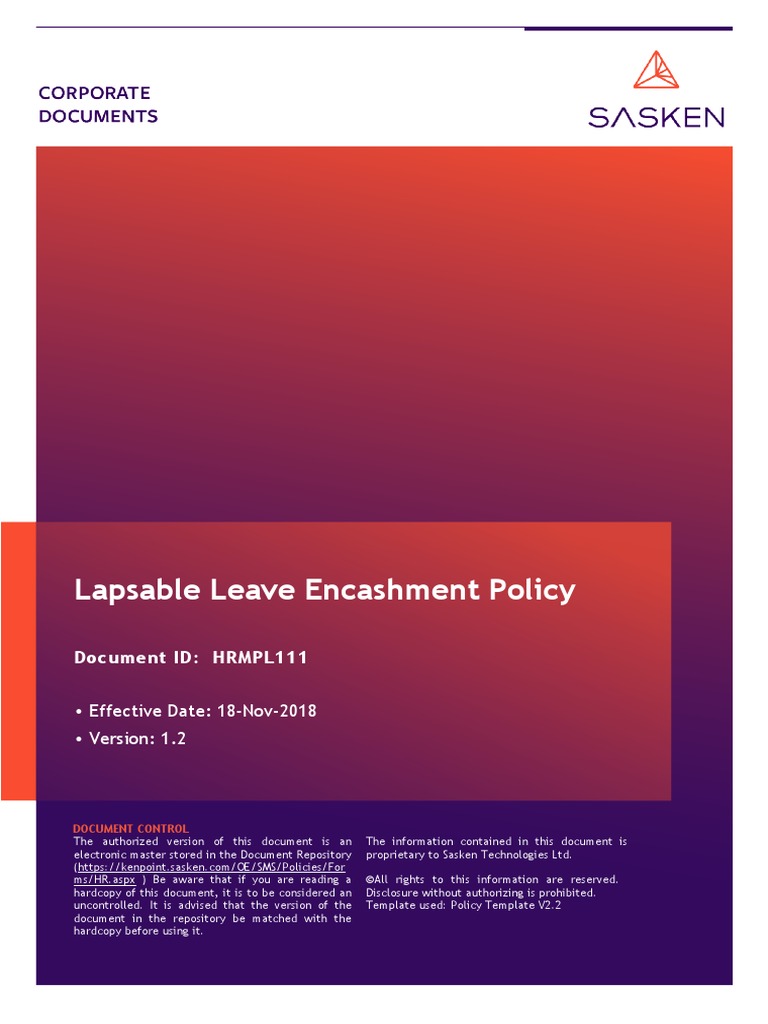 Lapsable Leave Encashment Policy: Document ID: HRMPL111 | PDF | Accrual ...