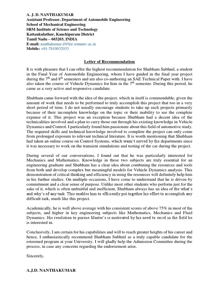 Letter of Recommendation: Nanthakumar.d@ktr - Srmuniv.ac - in +91 ...