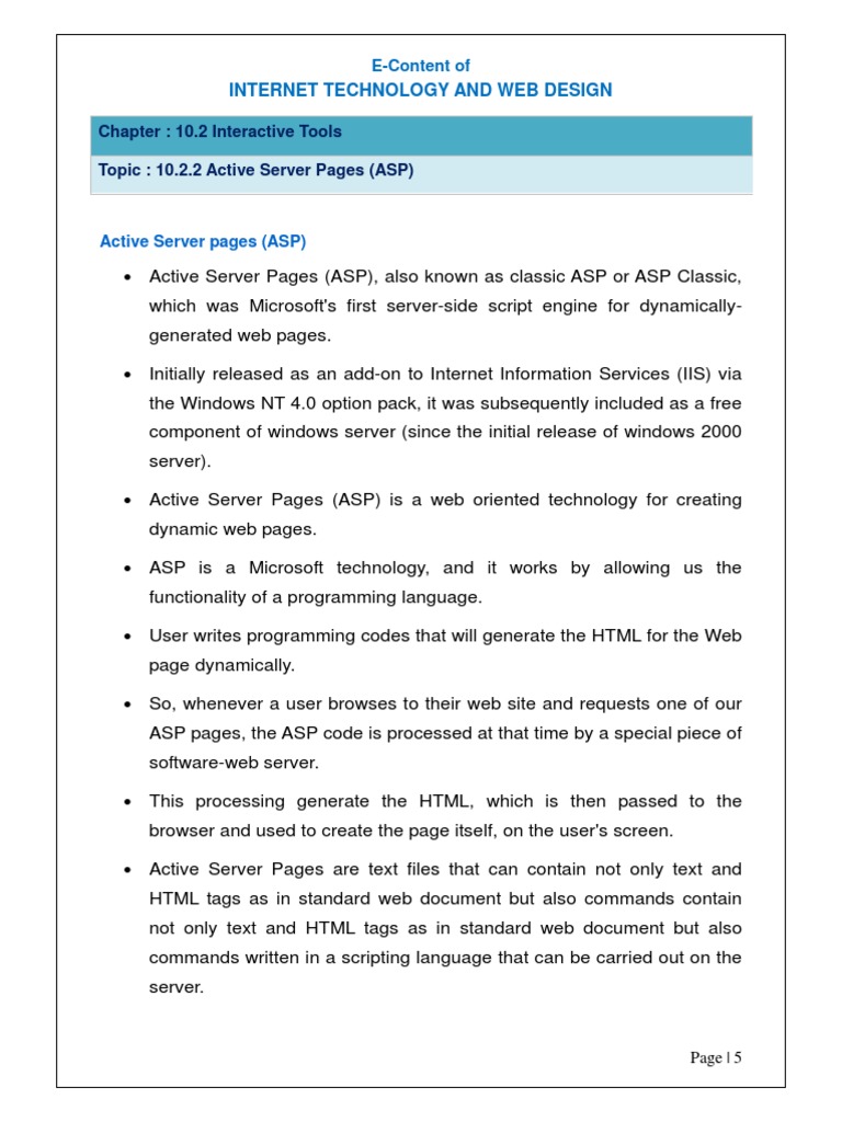Internet Technology And Web Design Chapter 10 2 Interactive Tools Topic 10 2 2 Active Server