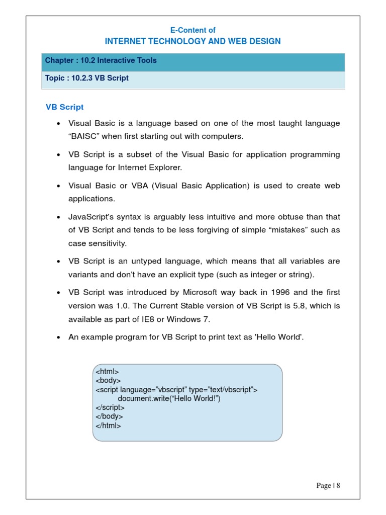 Internet Technology and Web Design: Chapter: 10.2 Interactive Tools Topic: 10.2.3 VB Script ...