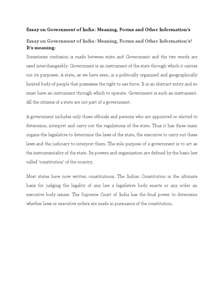 Essay On Government of India | PDF | Government Of India | Democracy