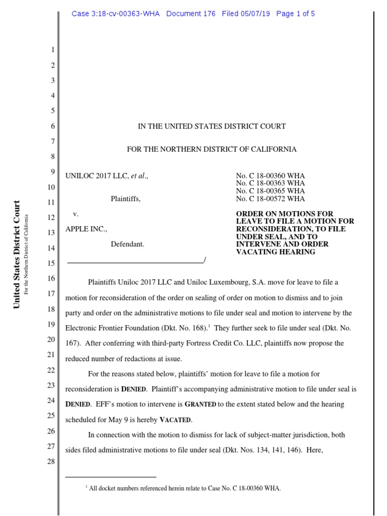 Uniloc V Apple, Motion To File Under Seal Denied by Judge 2019-05-07 ...