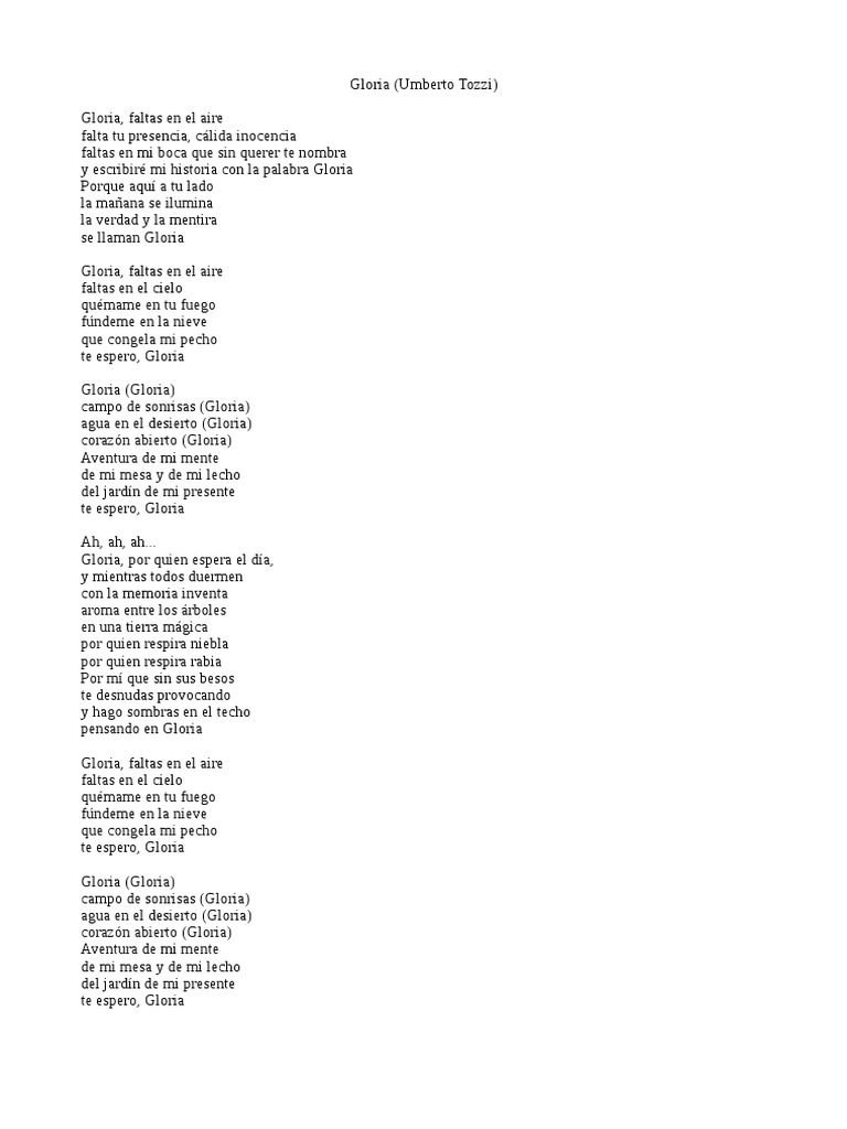 Letra de "Gloria" de Umberto Tozzi | PDF | Hogar, jardinería y ...