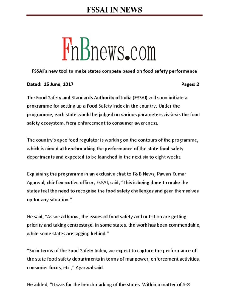 Fssai News | PDF | Food Safety | Safety