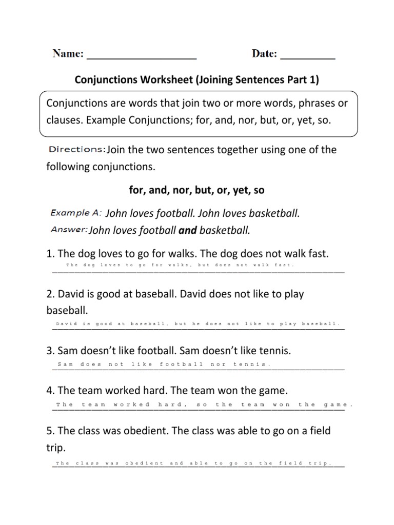 Conjunction Worksheets Joining Sentences