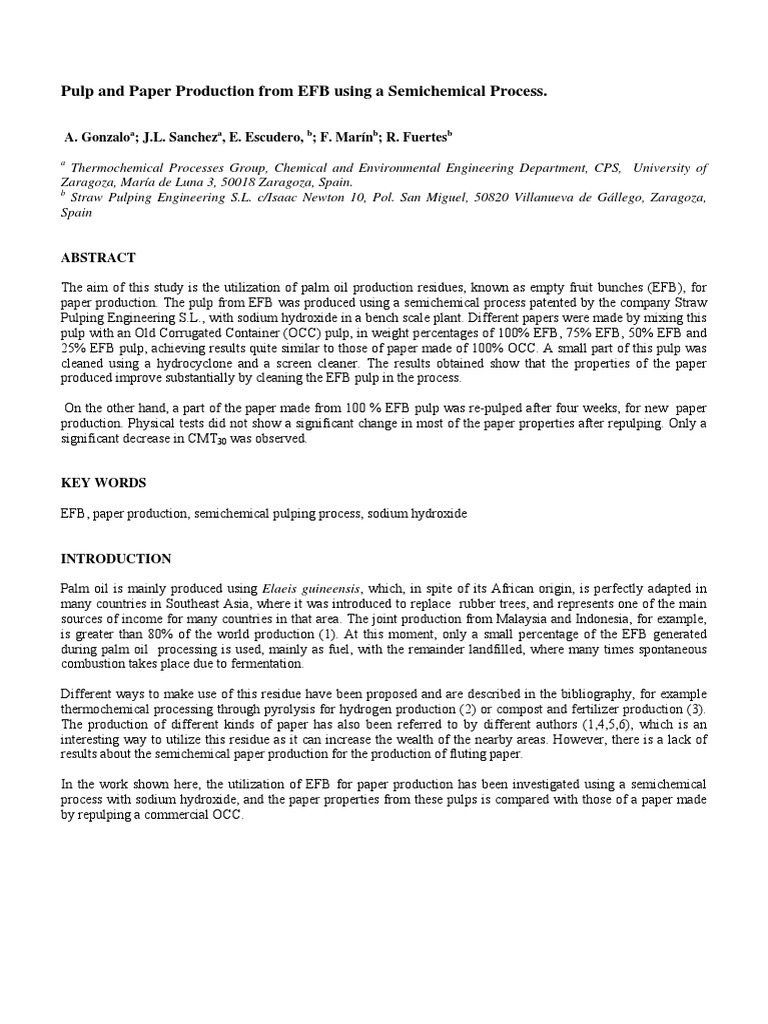 EFB Pulp for Sustainable Paper | PDF | Paper | Pulp (Paper)