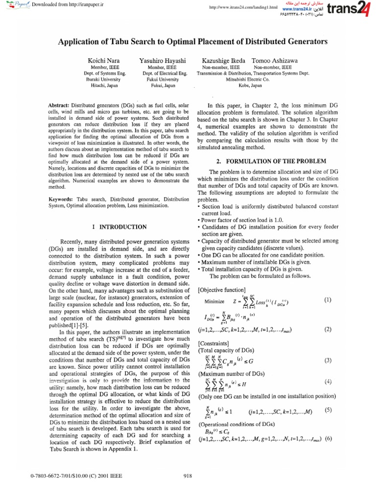 11-2001-Application of Tabu Search To Optimal Placement of Distributed Generators | PDF ...