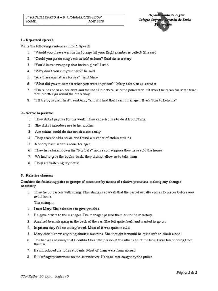 1.-Reported Speech: 1º Bachillerato A - B Grammar Revision NAME: - MAY ...