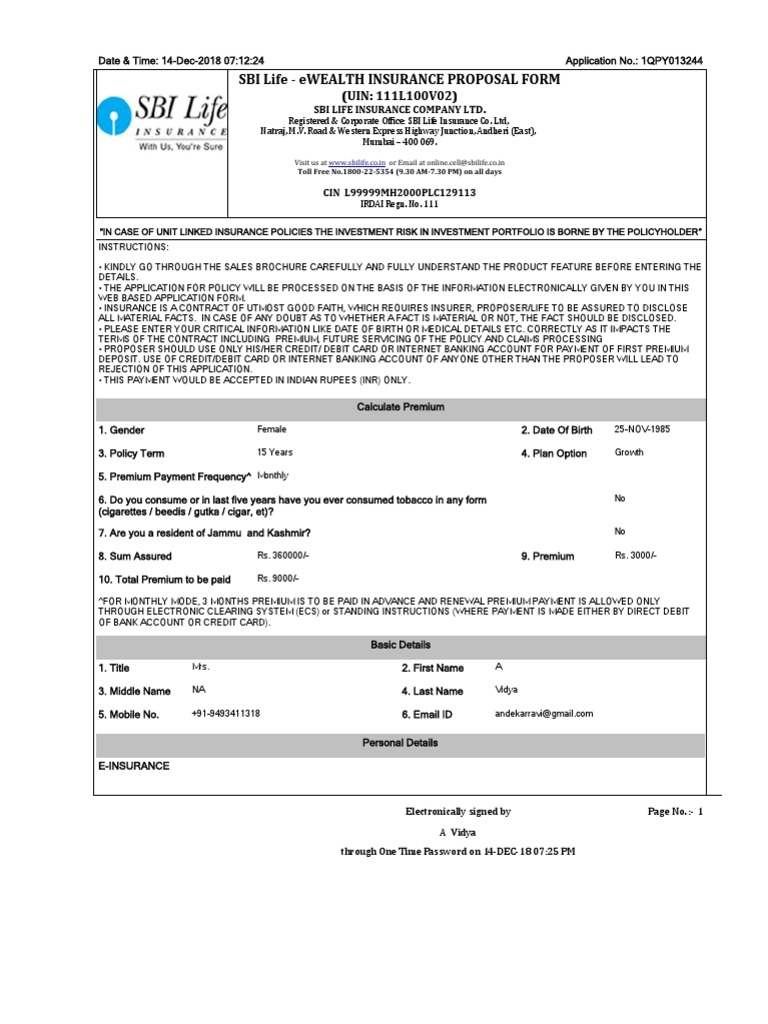 SBI Life insurance proposal form | PDF | Life Insurance | Insurance