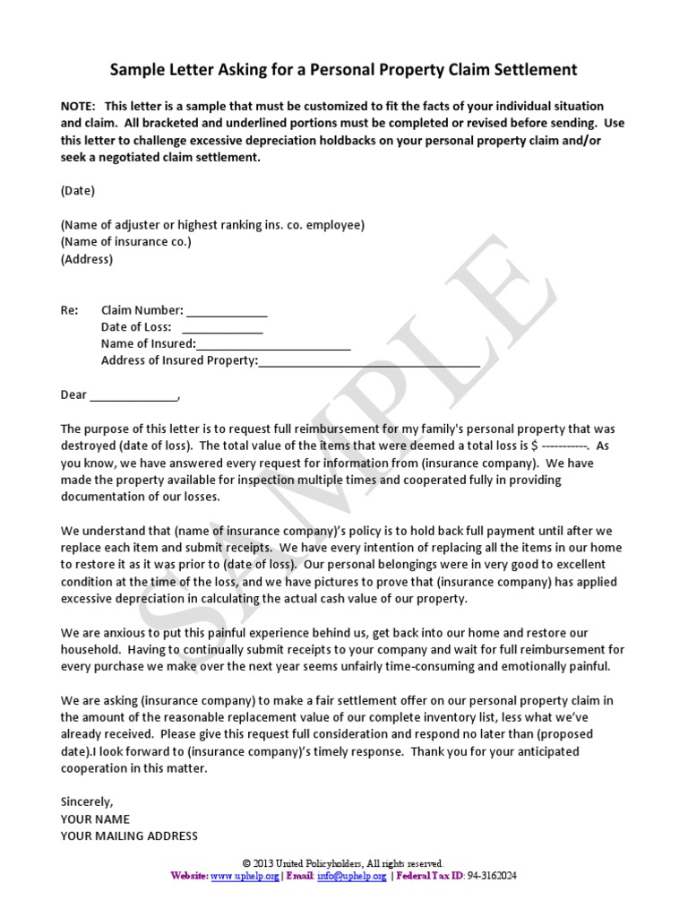 Sample Letter Requesting Personal Property Settlement | PDF | Insurance ...