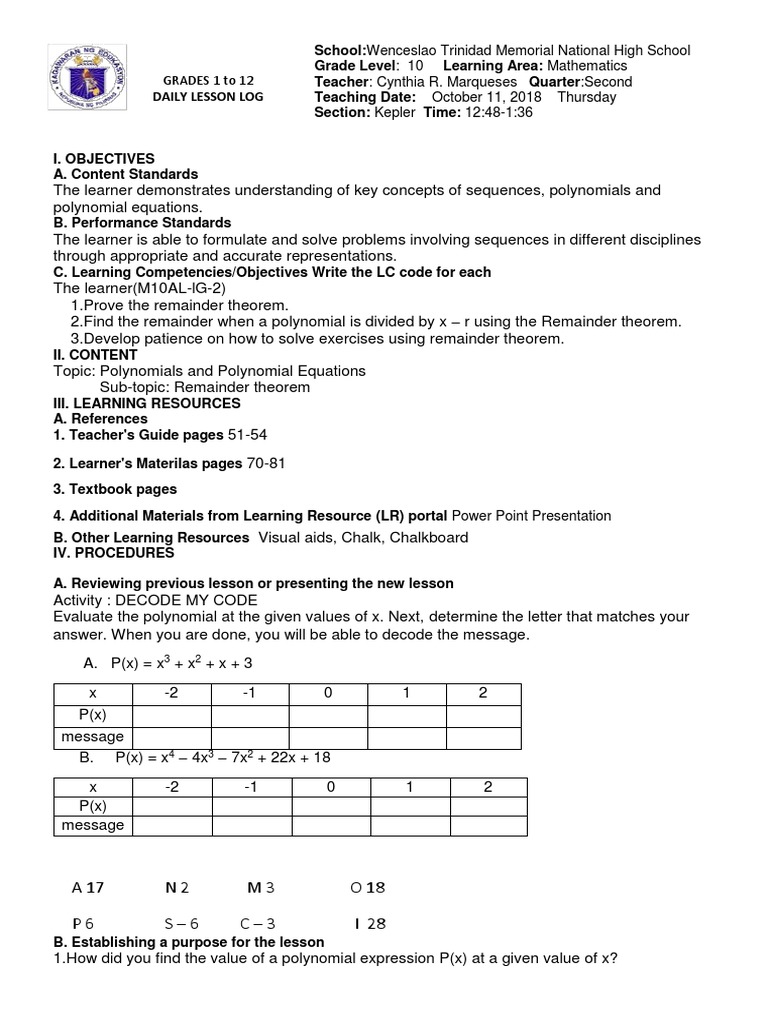 Demo Lesson | PDF | Polynomial | Algebra