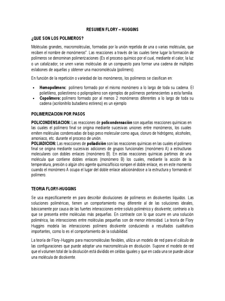 Resumen Flory - Huggins | PDF | Polímeros | Macromoléculas