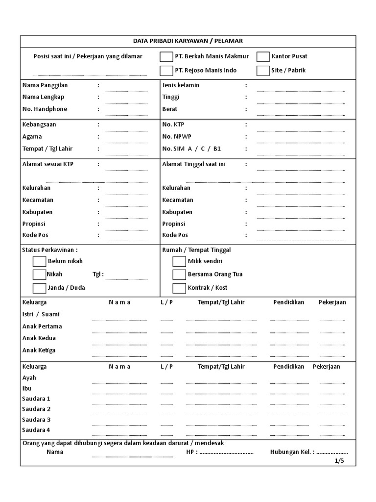 Form Data Pribadi Karyawan Pelamar RMI BMM | PDF