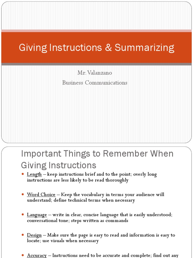 Giving Instructions & Summarizing: Mr. Valanzano Business ...