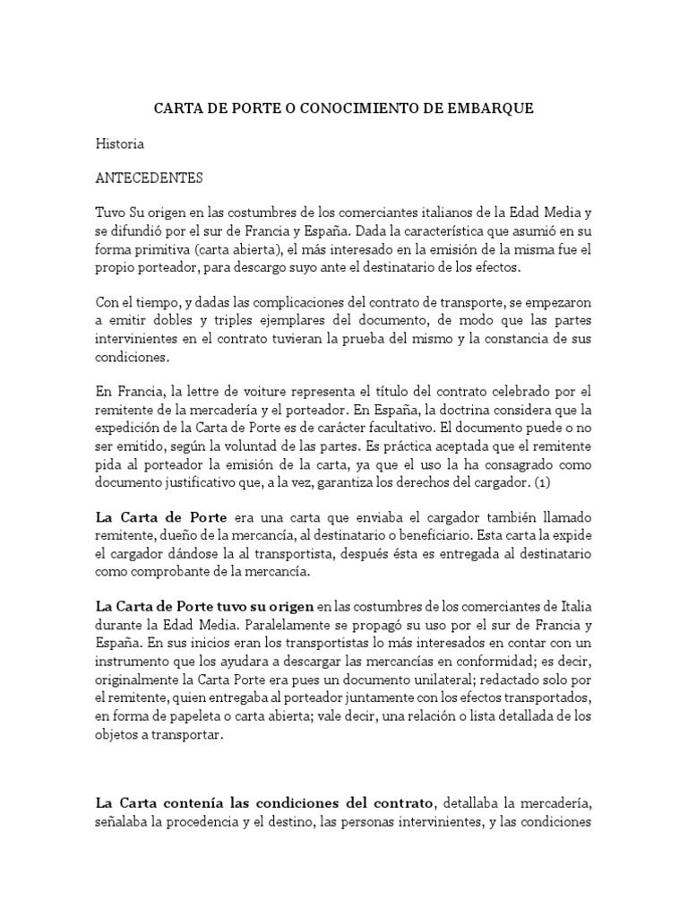 Carta de Porte o Conocimiento de Embarque | Guía de carga | Instrumento ...