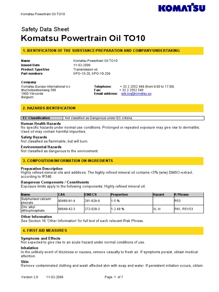 Komatsu Powertrain Oil TO10 | PDF | Personal Protective Equipment ...