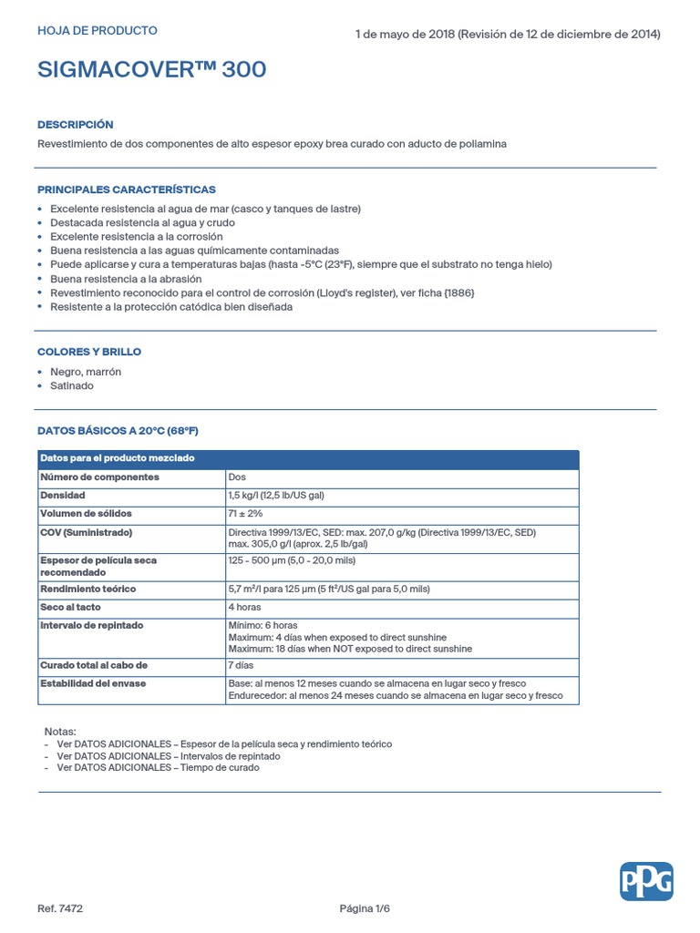 Ficha Técnica de Sigmacover 300 | PDF | Agua | Información