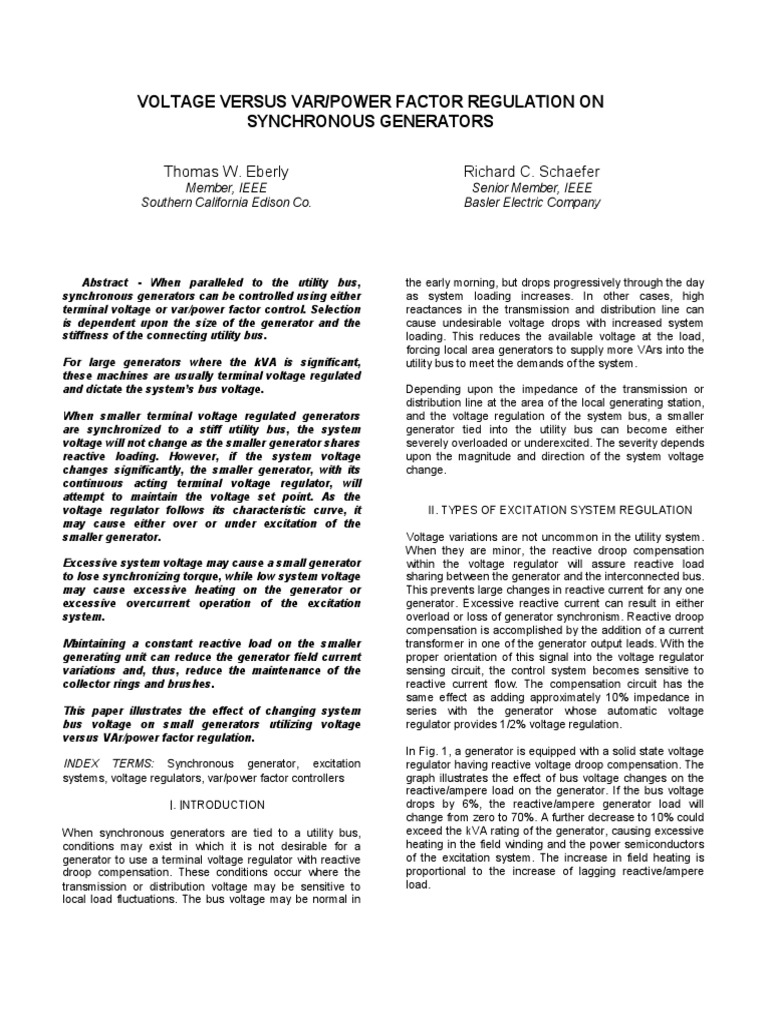 Voltage Versus Var/Power Factor Regulation On Synchronous Generators ...