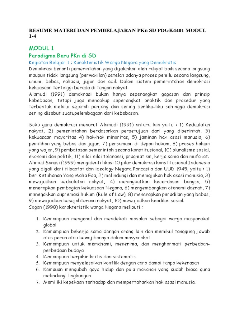 Resume Materi Dan Pembelajaran PKN SD Pdgk4401 Modul 1 | PDF