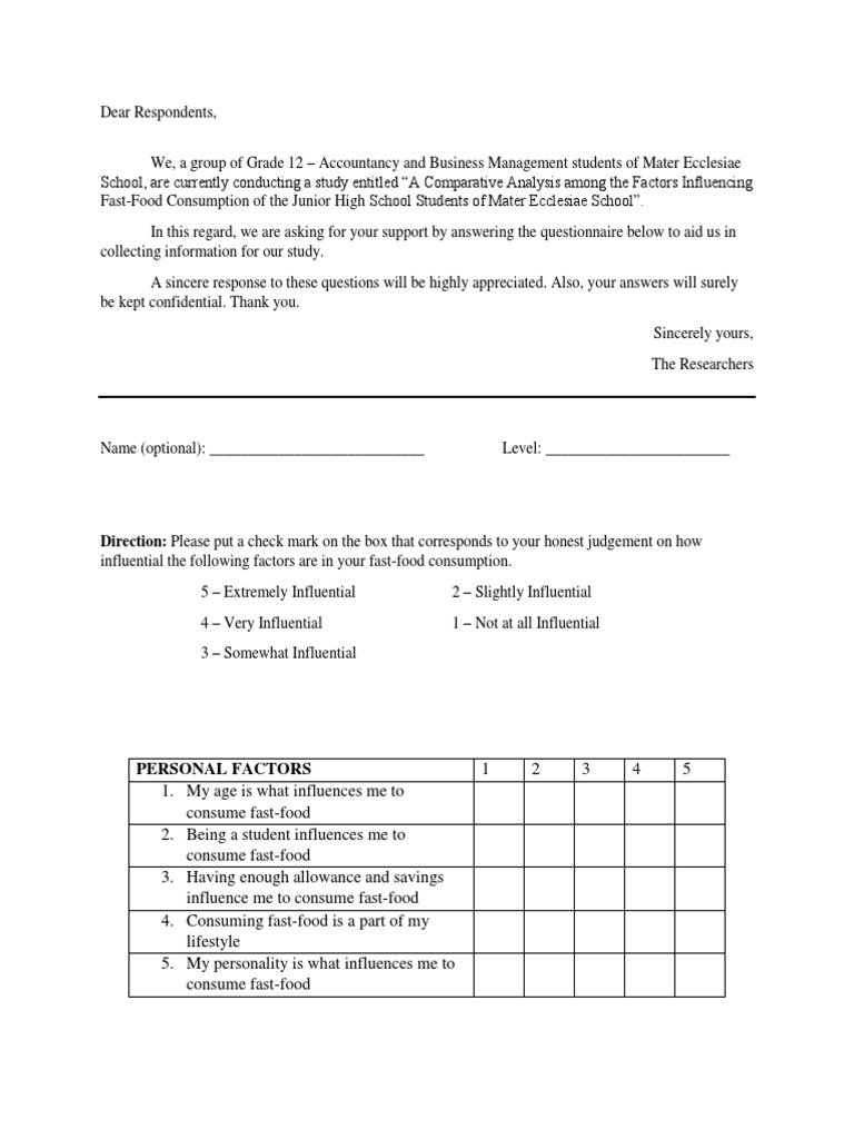 Personal Factors: Direction: Please Put A Check Mark On The Box That ...