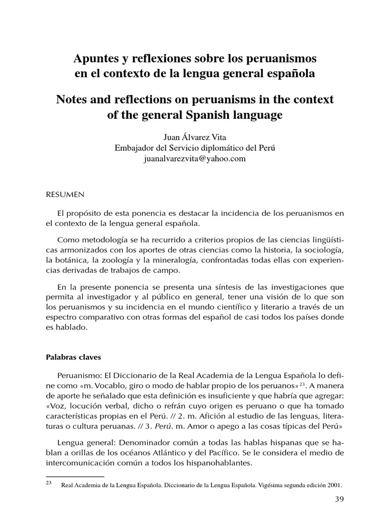Apuntes y Reflexiones Sobre Los Peruanismos en El Contexto de La Lengua ...