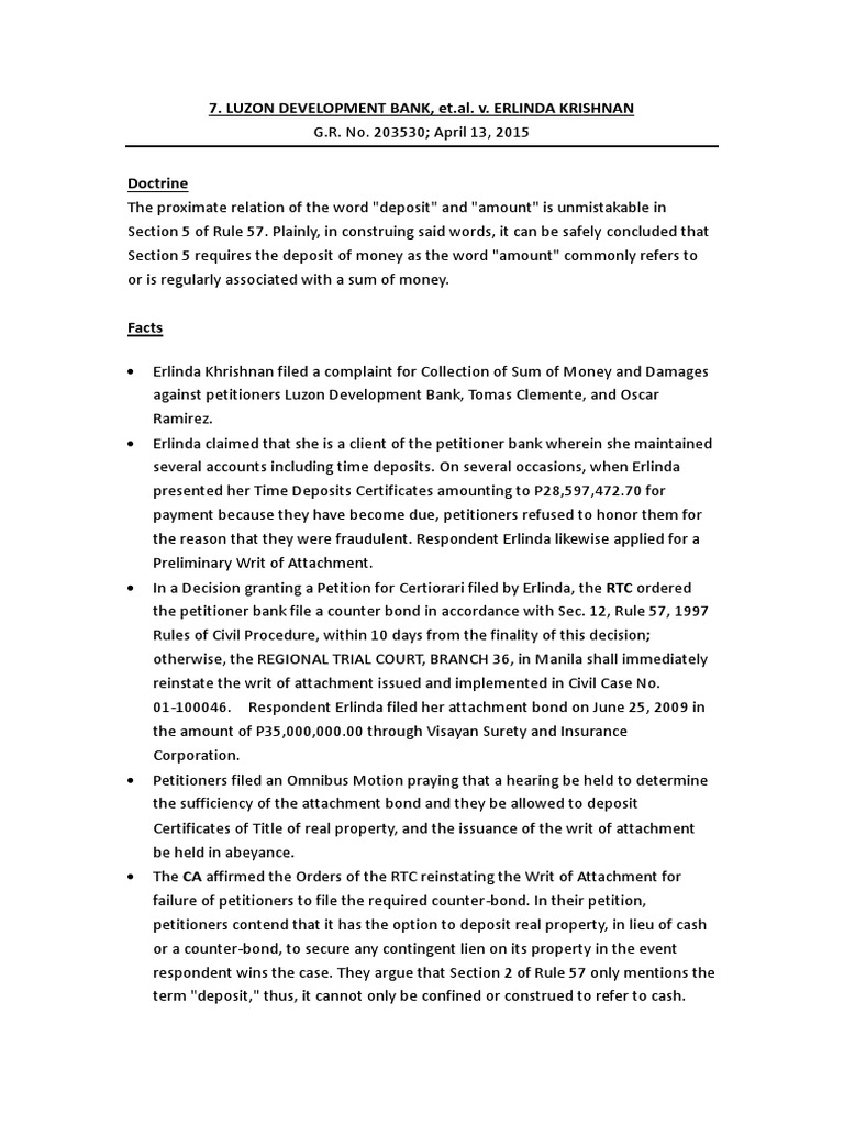Luzon Development Bank, Et - Al. v. Erlinda Krishnan | PDF | Bail | Writ