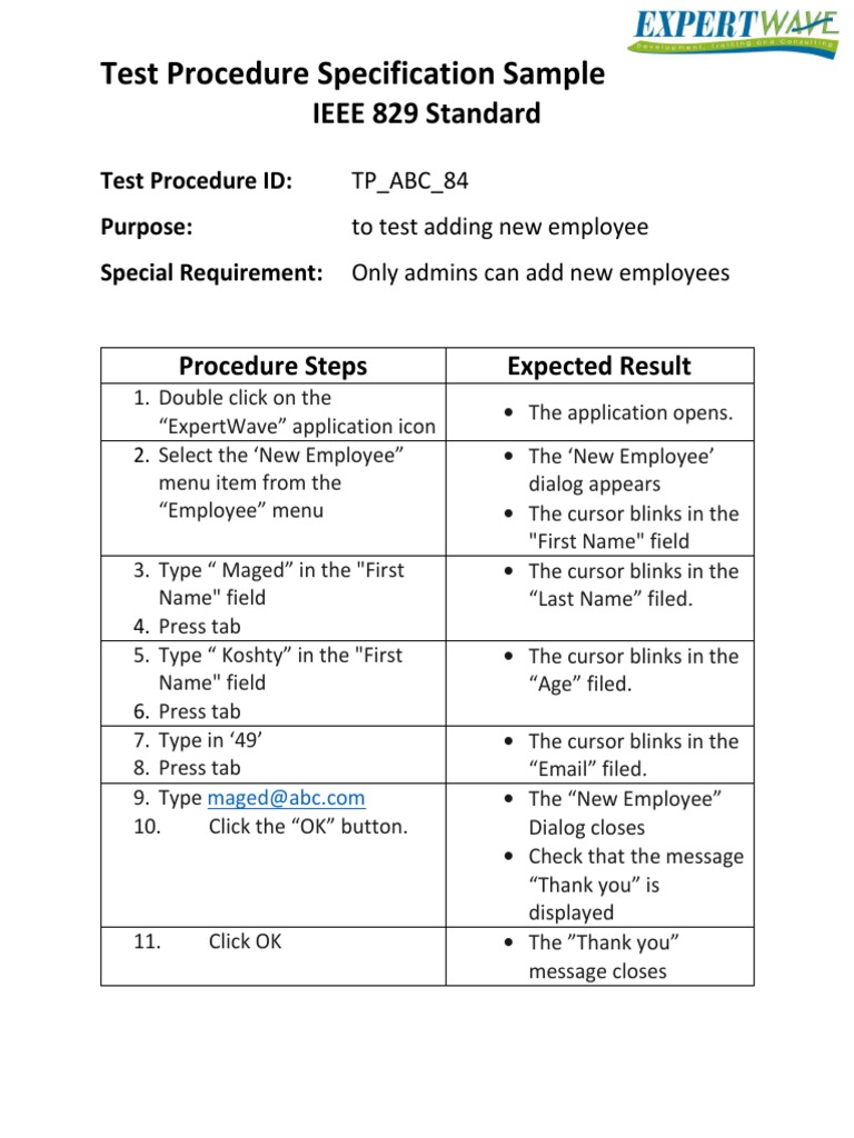 1.1 Test Procedure Specification Sample PDF | PDF | Menu (Computing ...